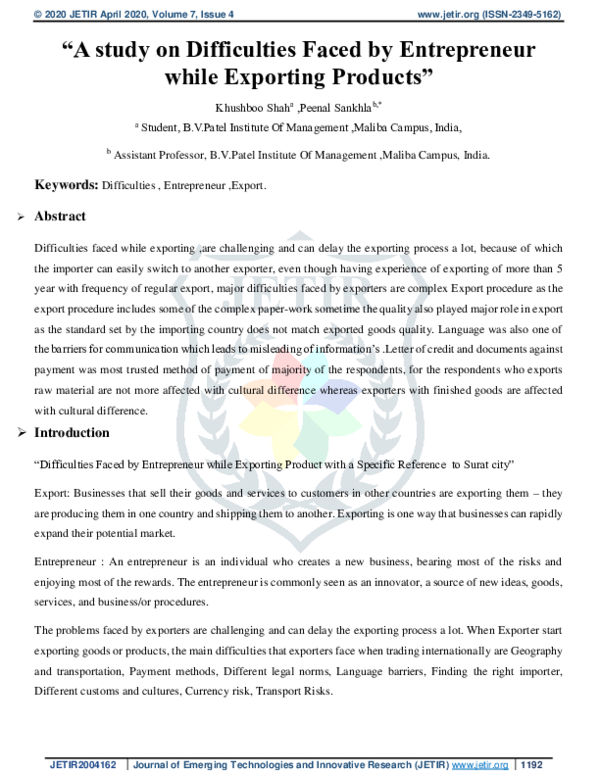 (PDF) A study on Difficulties Faced by Entrepreneur while Exporting Products