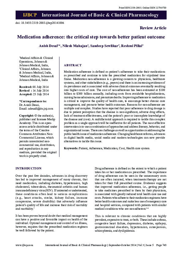(PDF) Medication adherence: the critical step towards better patient ...