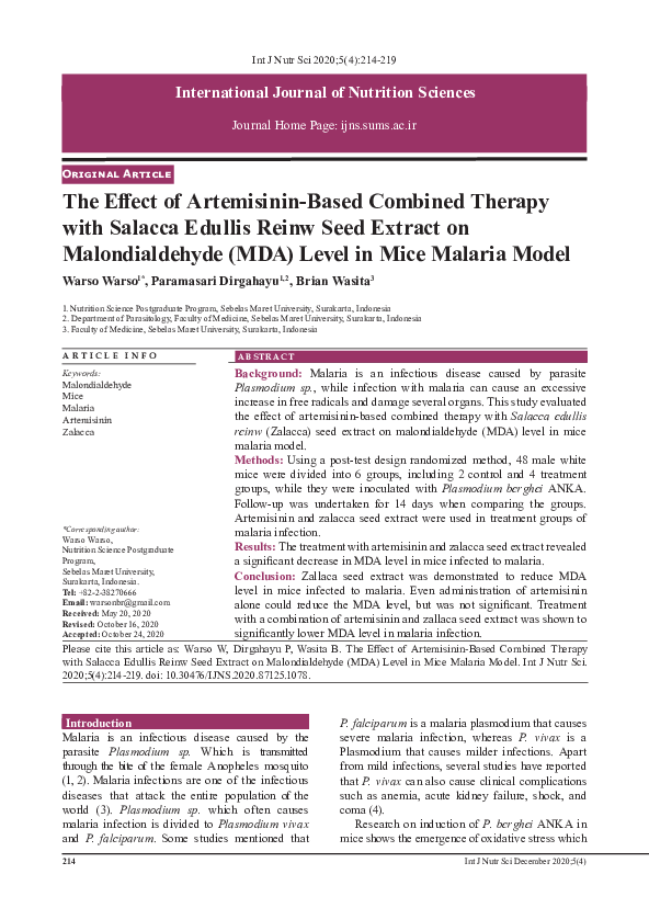 (PDF) The Effect of Artemisinin-Based Combined Therapy with Salacca ...