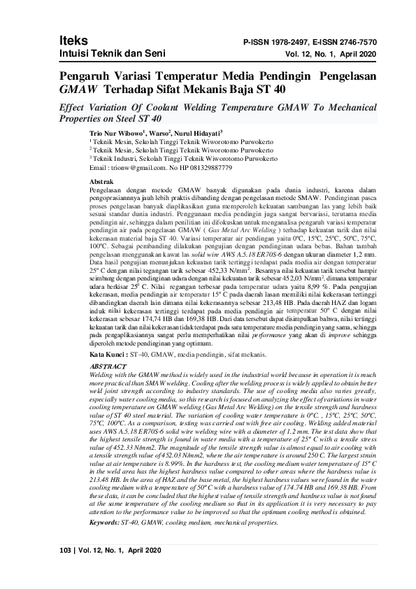 (PDF) Pengaruh Variasi Temperatur Media Pendingin Pengelasan GMAW Terhadap Sifat Mekanis Baja ST 40