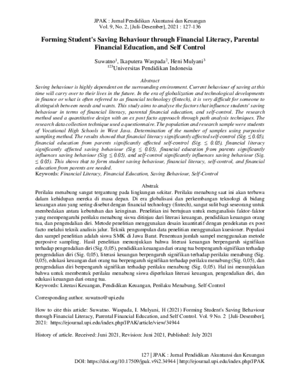 (PDF) Forming Student's Saving Behaviour through Financial Literacy, Parental Financial ...