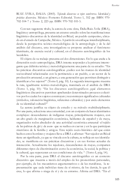 (PDF) RUIZ ÁVILA, DALIA. (2003). Tejiendo discursos se tejen sombreros ...