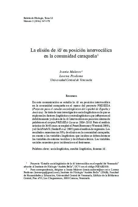 (PDF) La elisión de /d/ en posición intervocálica en la comunidad caraqueña