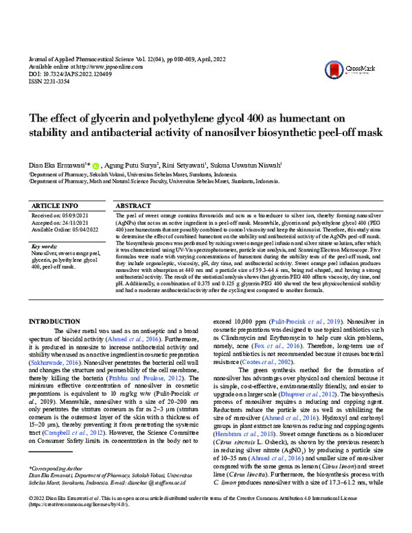 (PDF) The effect of glycerin and polyethylene glycol 400 as humectant ...