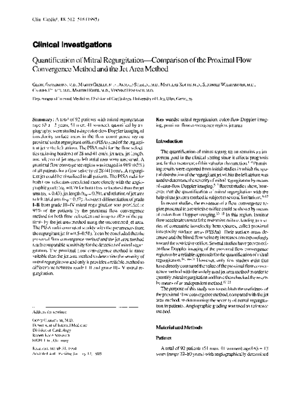 (PDF) Quantification of mitral regurgitation-Comparison of the proximal flow convergence method ...