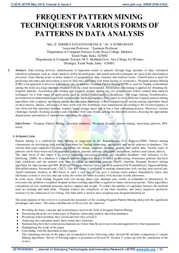 (PDF) FREQUENT PATTERN MINING TECHNIQUESFOR VARIOUS FORMS OF PATTERNS IN DATA ANALYSIS | Sheeba ...