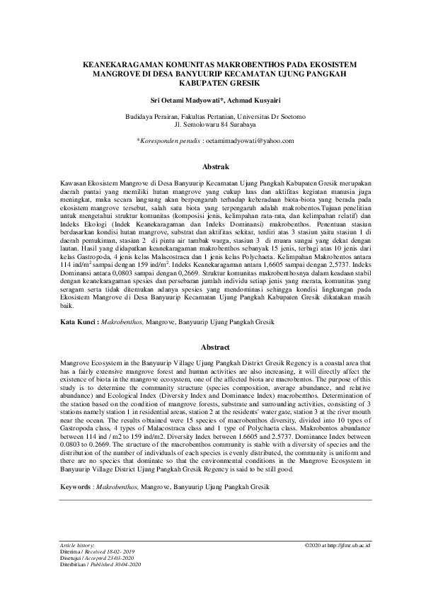 (PDF) Keanekaragaman Komunitas Makrobenthos Pada Ekosistem Mangrove DI ...