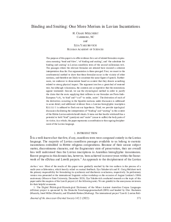 (PDF) Binding and Smiting: One More Merism in Luvian Incantations