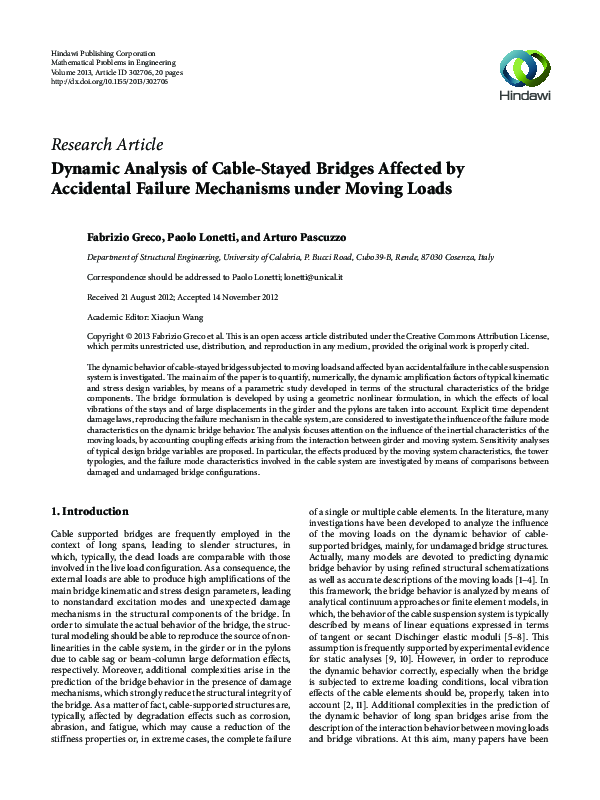 (PDF) Dynamic Analysis of Cable-Stayed Bridges Affected by Accidental Failure Mechanisms under ...
