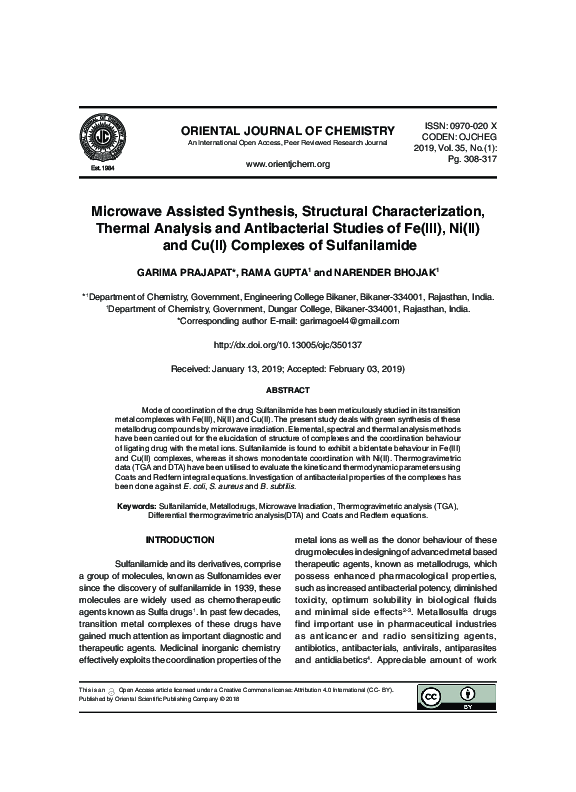 (PDF) Microwave Synthesis and Antibacterial Study of Metal-Sulfanilamide Complexes