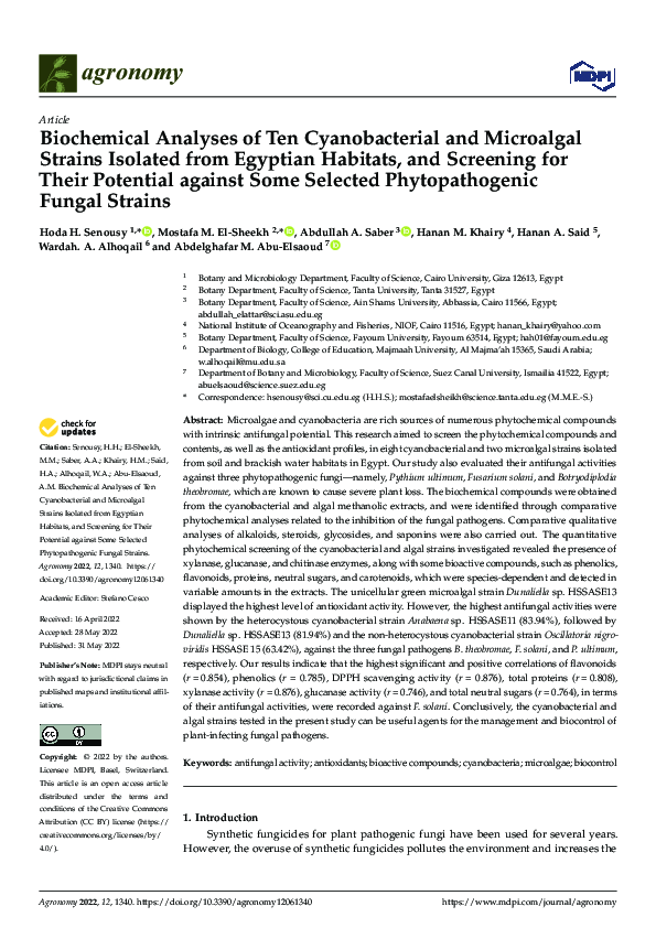 (PDF) Biochemical Analyses of Ten Cyanobacterial and Microalgal Strains Isolated from Egyptian ...
