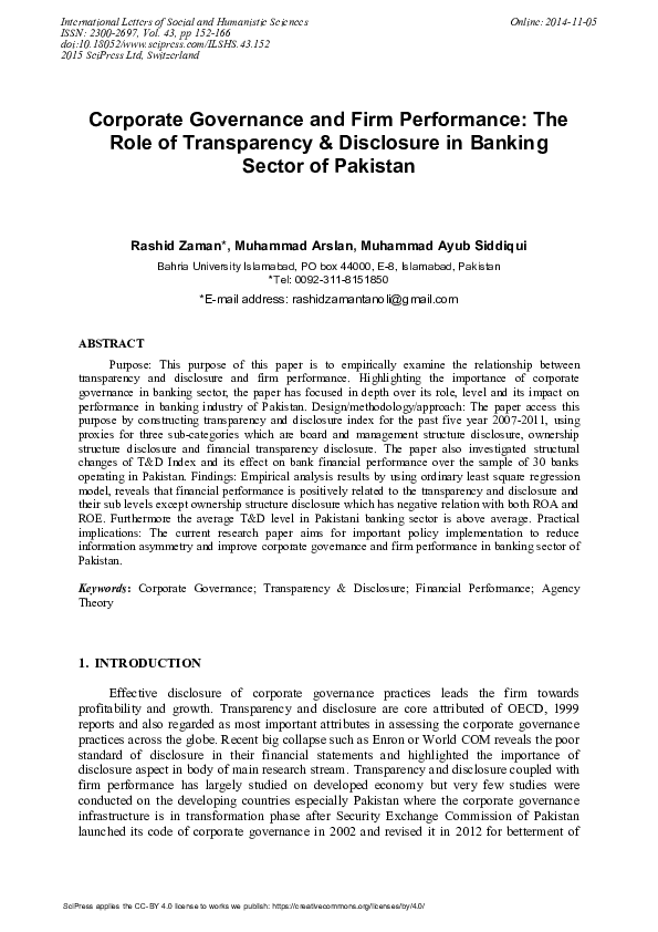 (PDF) Corporate Governance and Firm Performance: The Role of Transparency & Disclosure in ...
