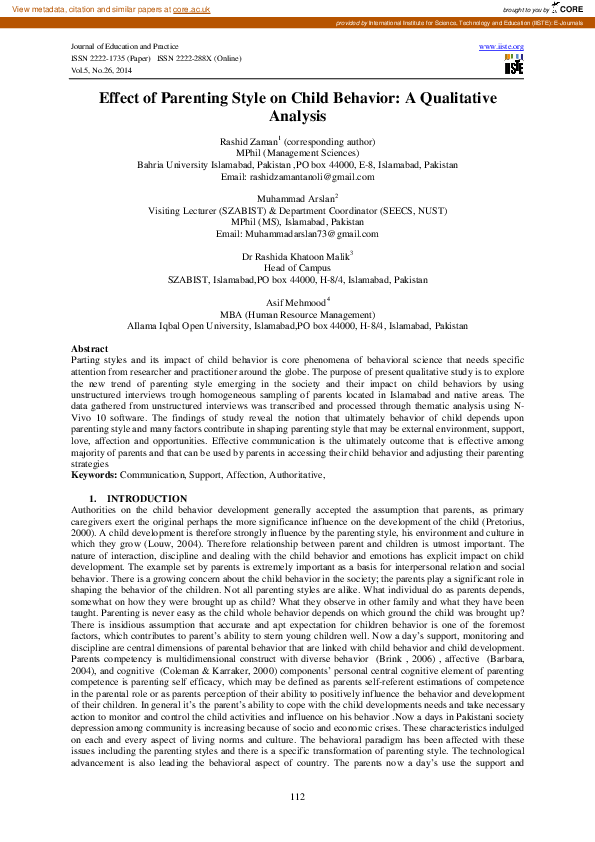 (PDF) Effect of Parenting Style on Child Behavior: A Qualitative Analysis