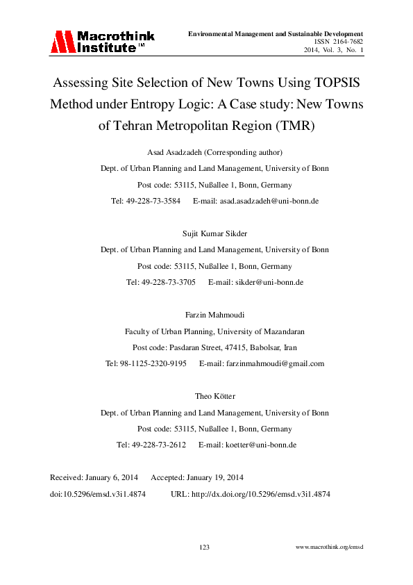 (PDF) Assessing Site Selection of New Towns Using TOPSIS Method under Entropy Logic: A Case ...