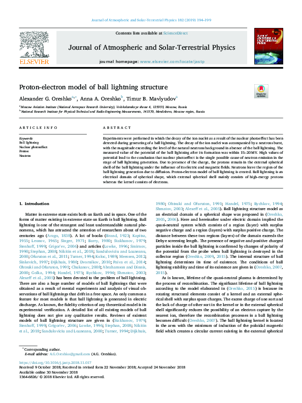 (PDF) Proton-electron model of ball lightning structure | Anna Oreshko ...