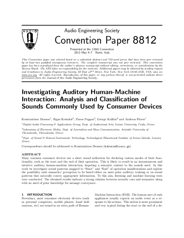 Pdf Investigating Auditory Human Machine Interaction Analysis And Classification Of Sounds