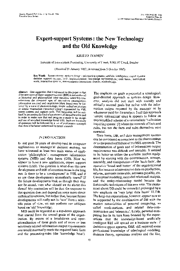 (PDF) Expert-support systems: The new technology and the old knowledge