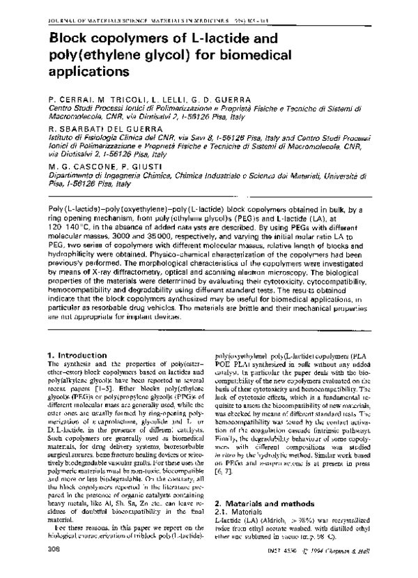(PDF) Block copolymers of L-lactide and poly(ethylene glycol) for biomedical applications