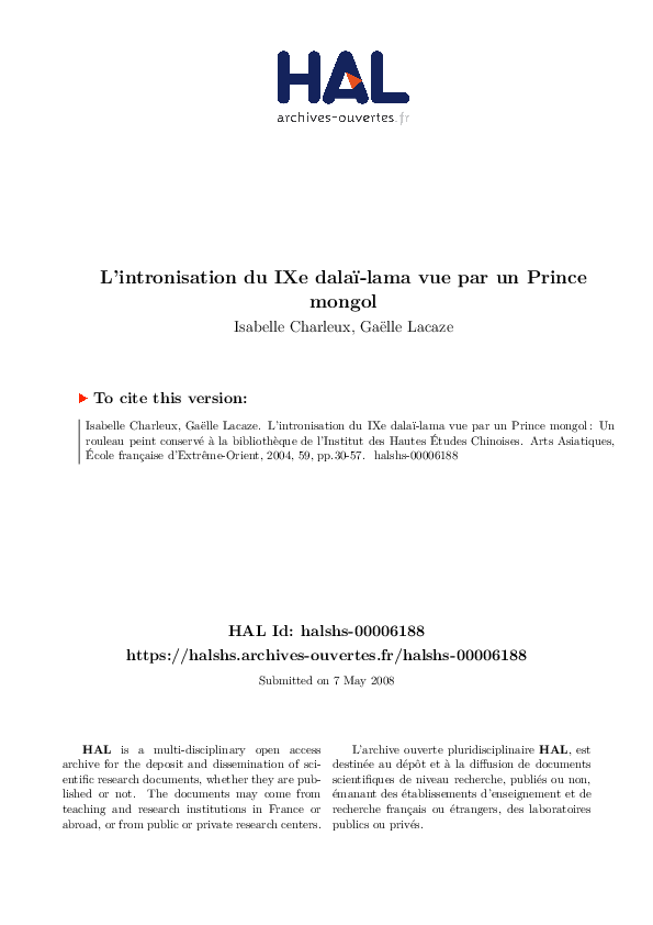 (PDF) L'intronisation du IXe Dalai lama vue par un prince mongol : un ...