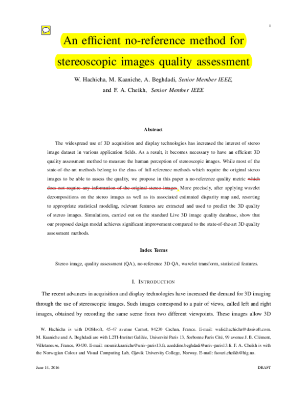 (PDF) An efficient no-reference method for stereoscopic images quality assessment