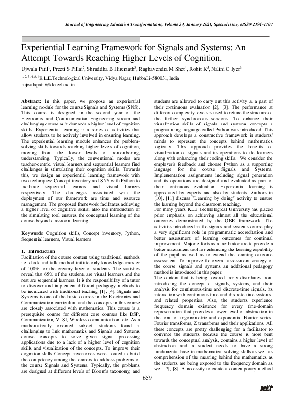 (PDF) Experiential Learning Framework for Signals and Systems: An Attempt Towards Reaching ...