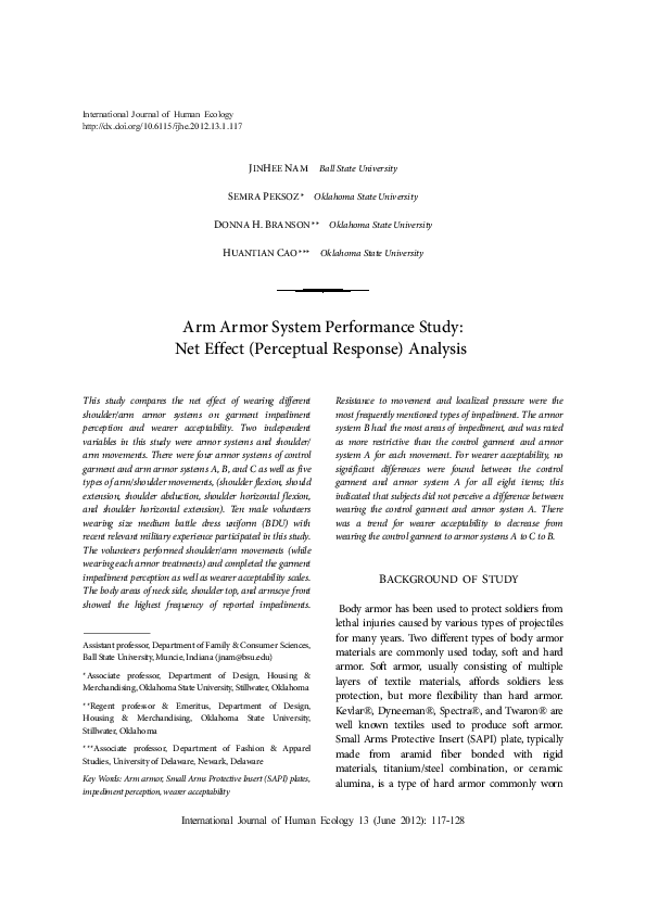 (PDF) Arm Armor System Performance Study: Net Effect (Perceptual Response) Analysis