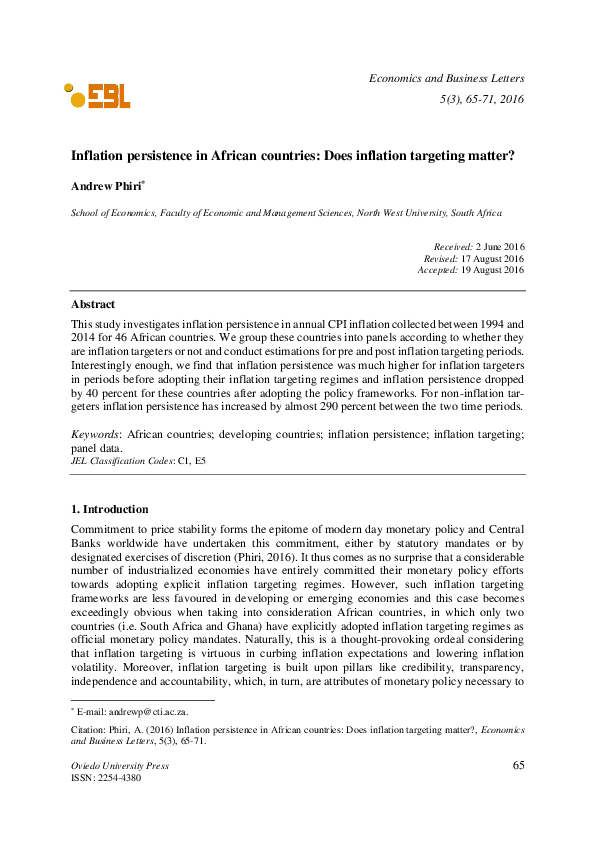 (PDF) Inflation persistence in African countries: Does inflation targeting matter?