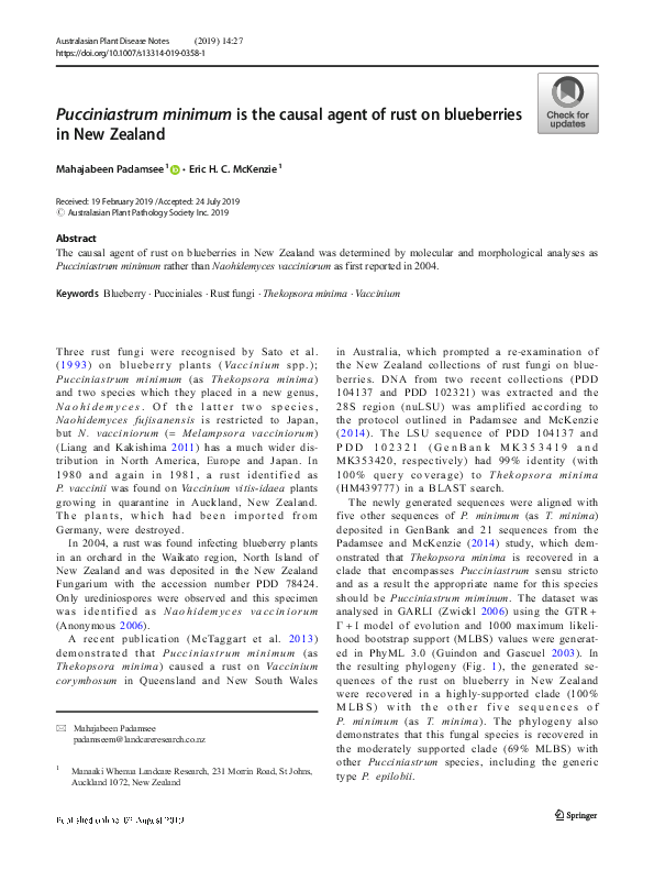 (PDF) Pucciniastrum minimum is the causal agent of rust on blueberries in New Zealand