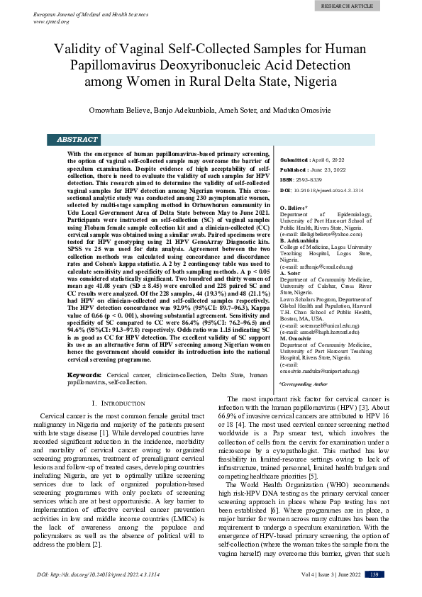 (PDF) Validity of Vaginal Self-Collected Samples for Human Papillomavirus Deoxyribonucleic Acid ...