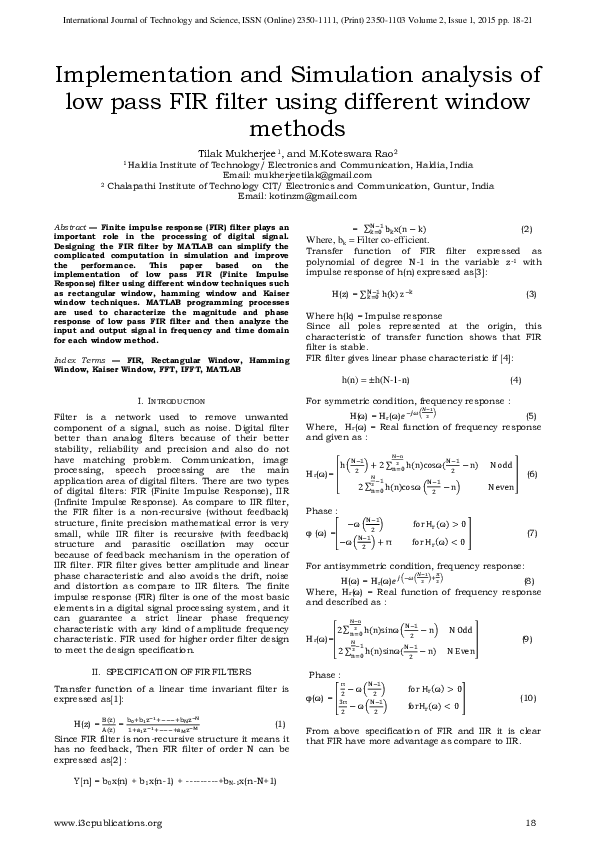 Pdf Implementation And Simulation Analysis Of Low Pass Fir Filter