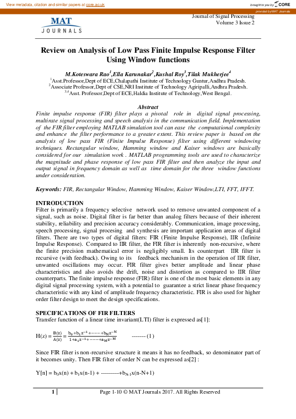 (PDF) Review on Analysis of Low Pass Finite Impulse Response Filter ...