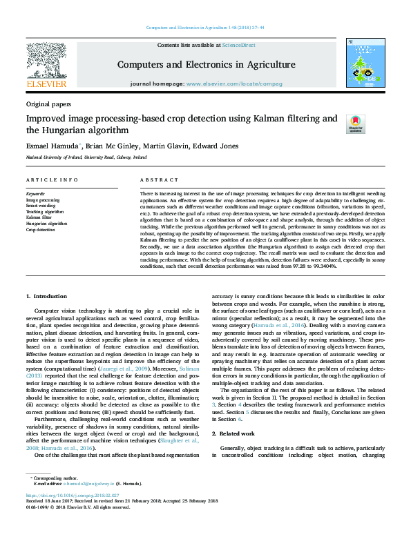 Pdf Improved Image Processing Based Crop Detection Using Kalman Filtering And The Hungarian