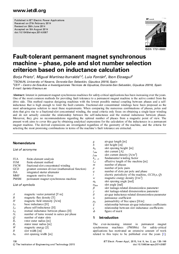 Pdf Fault Tolerant Permanent Magnet Synchronous Machine For Electric