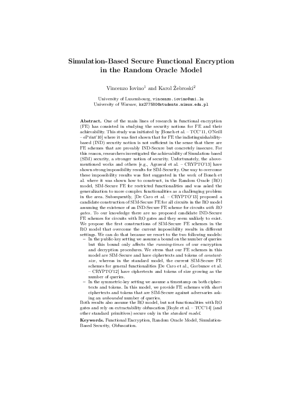 Pdf Simulation Based Secure Functional Encryption In The Random Oracle Model Vincenzo Iovino 