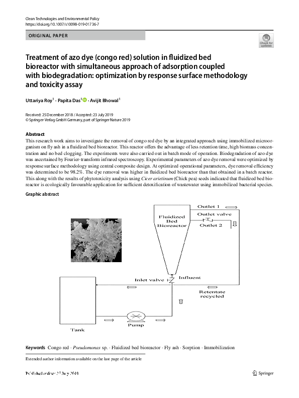 (PDF) Treatment of azo dye (congo red) solution in fluidized bed bioreactor with simultaneous ...