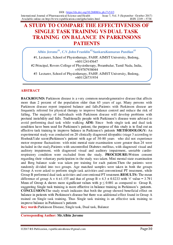 (PDF) A Study to Compare the Effectiveness of Single Task Training vs Dual Task Training on ...