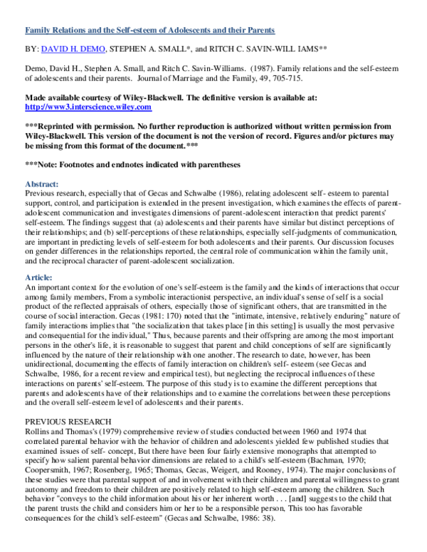 (PDF) Family Relations and the Self-Esteem of Adolescents and Their Parents
