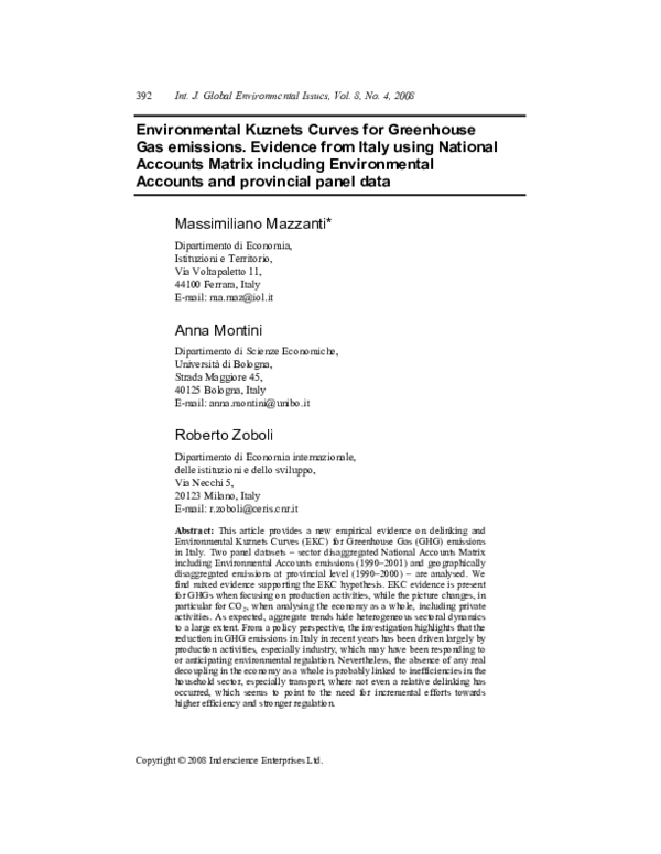 (PDF) Environmental Kuznets Curves for Greenhouse Gas emissions ...