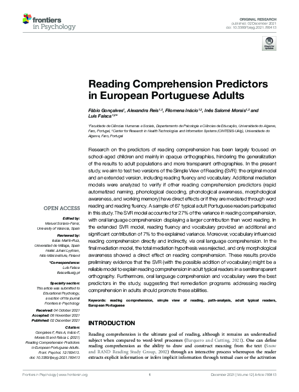 (PDF) Reading Comprehension Predictors in European Portuguese Adults
