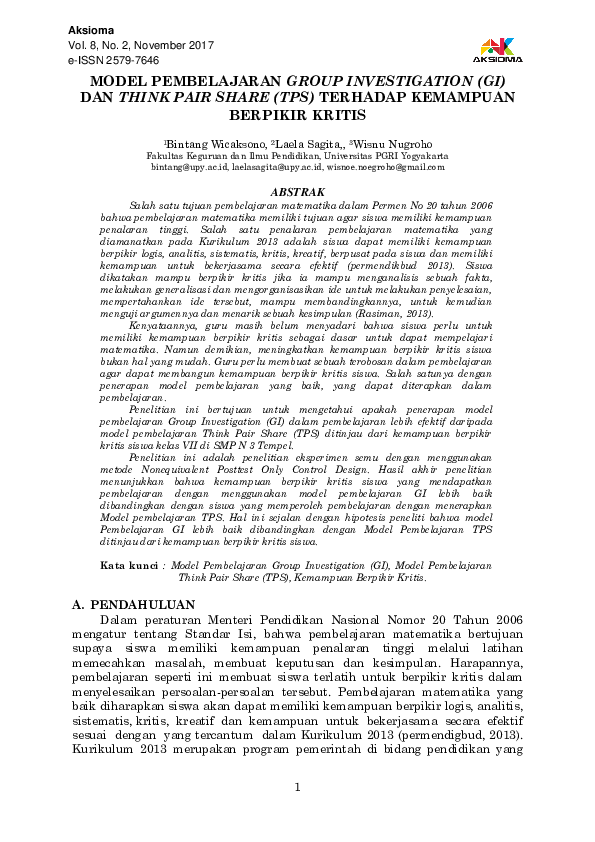 (PDF) Model Pembelajaran Group Investigation (Gi) Dan Think Pair Share (TPS) Terhadap Kemampuan ...