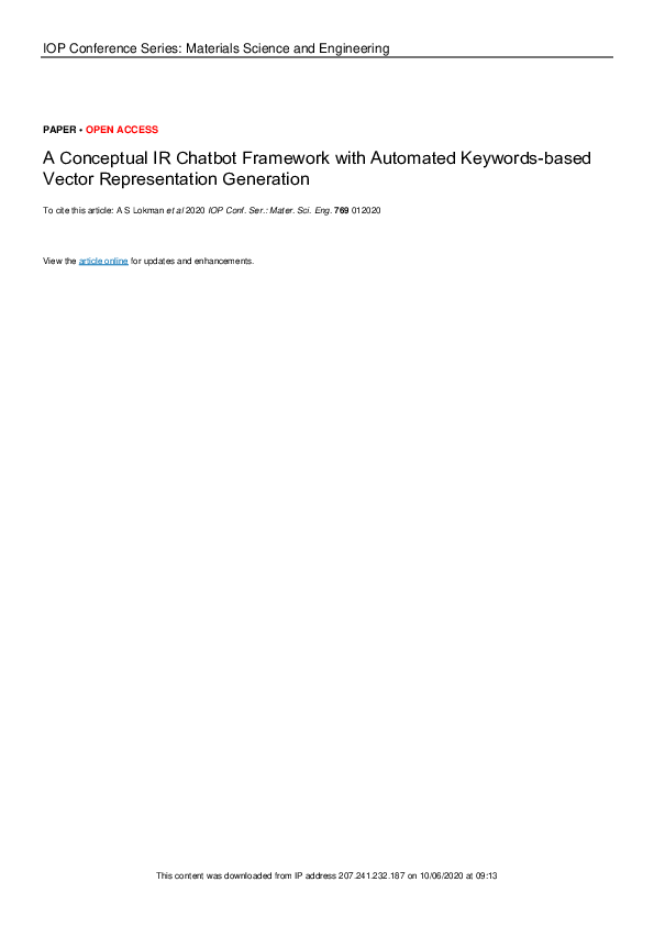 (PDF) A Conceptual IR Chatbot Framework with Automated Keywords-based Vector Representation ...