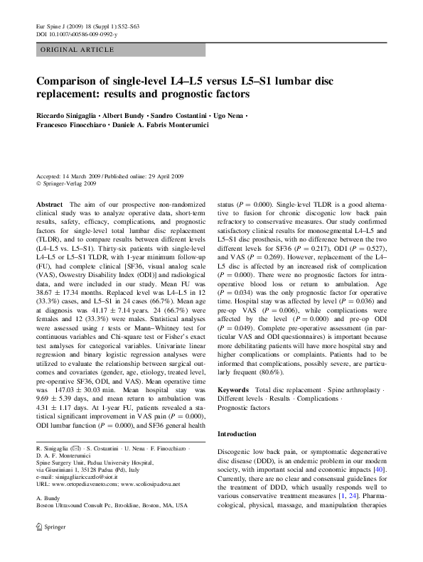 (PDF) Comparison of single-level L4–L5 versus L5–S1 lumbar disc ...