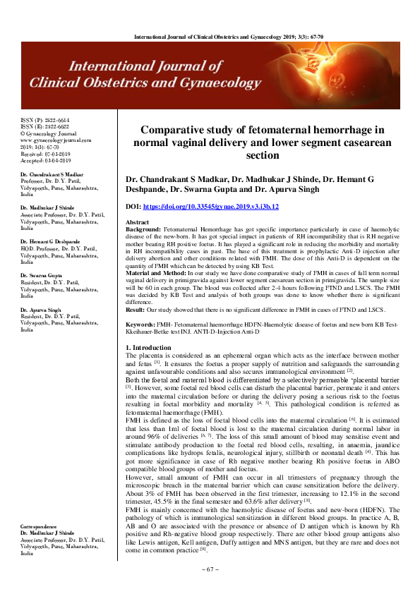 (PDF) Comparative study of fetomaternal hemorrhage in normal vaginal ...