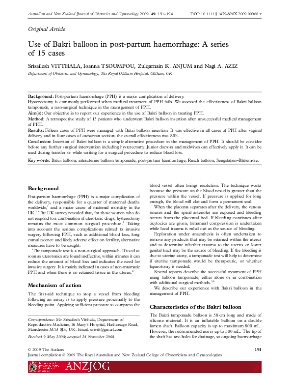 (PDF) Use of Bakri balloon in post-partum haemorrhage: A series of 15 cases
