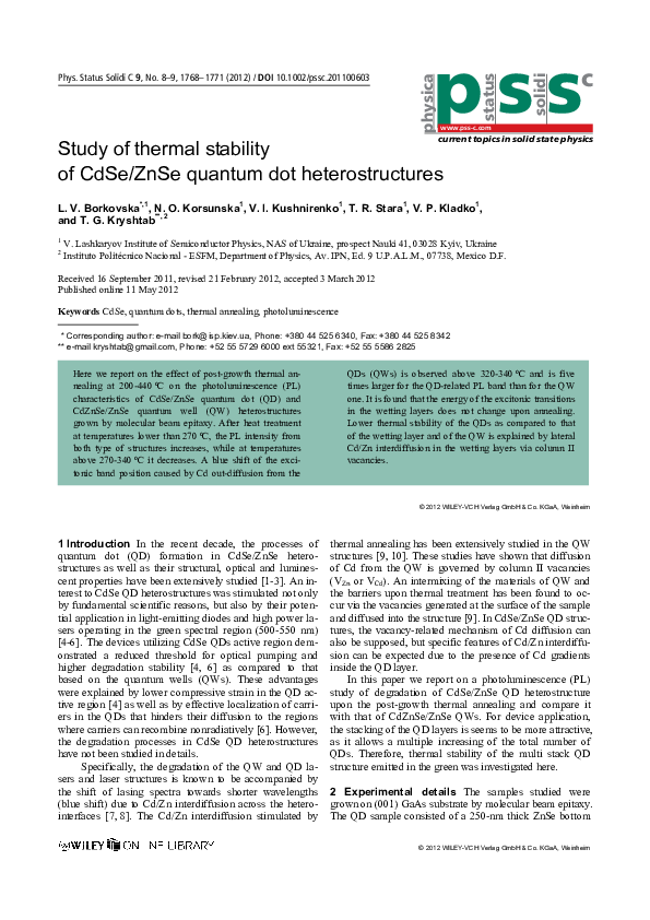 (PDF) Study of thermal stability of cdse/znse quantum dot heterostructures