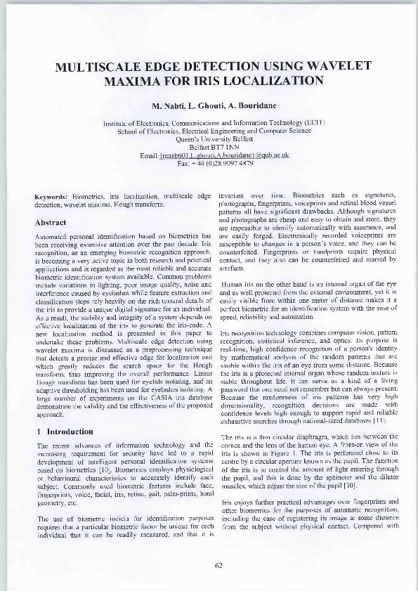 Pdf Multiscale Edge Detection Using Wavelet Maxima For Iris Localization Lahouari Ghouti