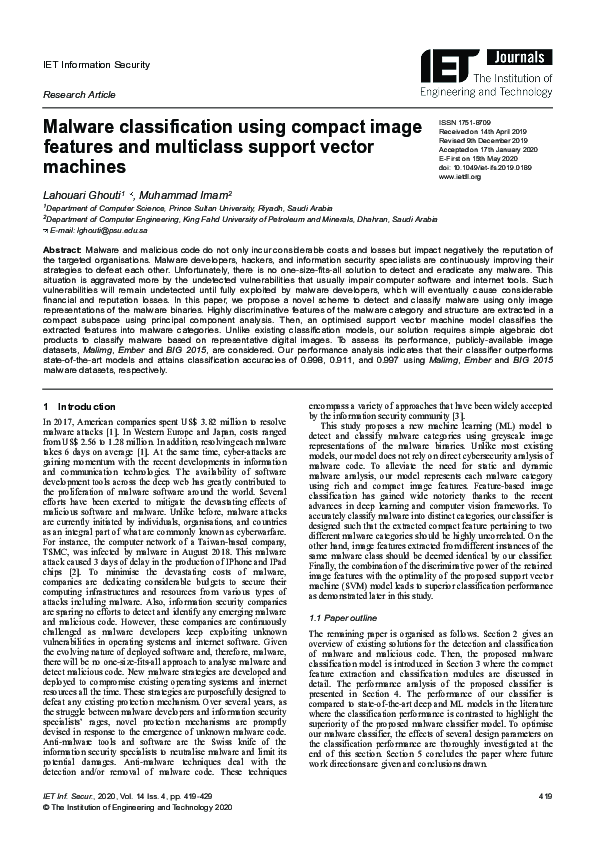 Pdf Malware Classification Using Compact Image Features And Multiclass Support Vector Machines