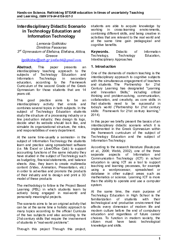 (PDF) HSCI2022 Indisciplinary Didactic Scenario in Technology Education ...