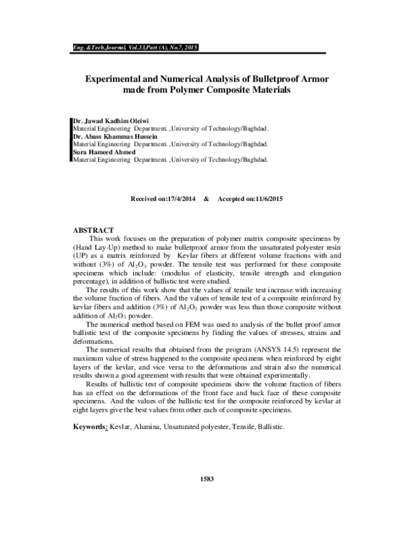 (PDF) Experimental and Numerical Analysis of Bulletproof Armor made ...