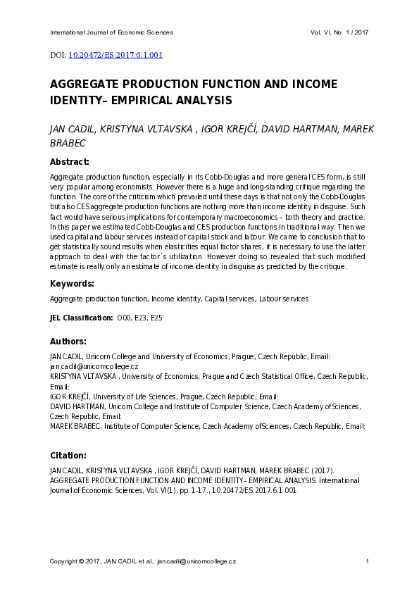 (PDF) Aggregate Production Function and Income Identity– Empirical Analysis